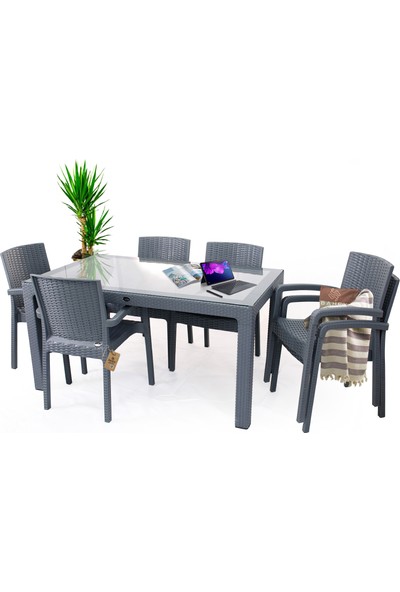 Bahex Violet 6 Kişilik 90X150 Camlı Rattan Desenli Masa Takımı 4 Renk Seçeneği