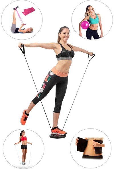 Spor Byfit Lastikli Bel Inceltici Twister + Denge Topu + Band + Atlama Ipi + Termal Kemer - 5'li Set