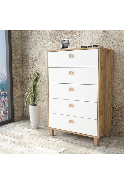 Robin Home Arya Şifonyer 5 Çekmeceli Çam-Beyaz-Kayın AR82 Robin Home Arya Şifonyer 5 Çekmeceli Çam-Beyaz-Kayın AR82