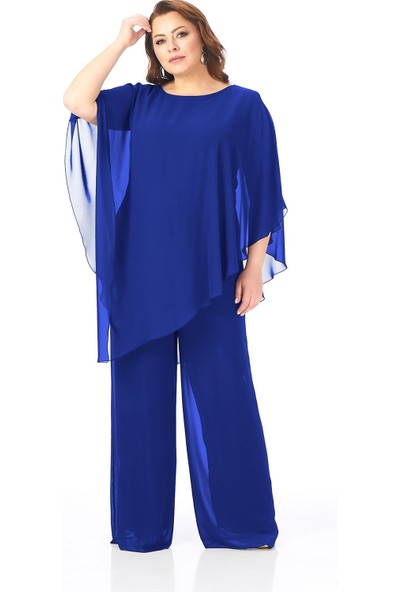 Lilas Xxl Büyük Beden Saks Mavisi Renkli Şifon Abiye Tulum Lilas Xxl Büyük Beden Saks Mavisi Renkli Şifon Abiye Tulum