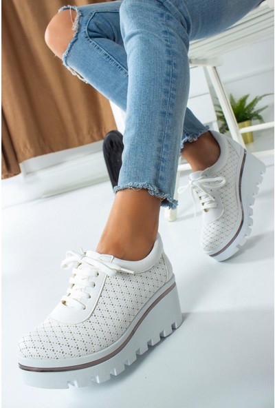 Doçka Doçka-Kadın Beyaz Dolgu Topuk Spor Tarz Ayakkabı BR1000