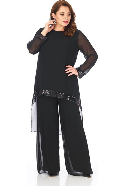 Lilas Xxl Büyük Beden Siyah Renkli Şifon Pantolon Bluz Takım Lilas Xxl Büyük Beden Siyah Renkli Şifon Pantolon Bluz Takım