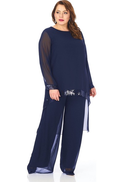 Lilas Xxl Büyük Beden Lacivert Renkli Şifon Pantolon Bluz Takım Lilas Xxl Büyük Beden Lacivert Renkli Şifon Pantolon Bluz Takım