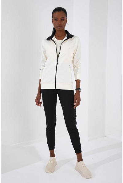 Tommy Life Ekru-Siyah Kadın Dalgıç Kumaş Standart Kalıp Jogger Eşofman Takımı-95273