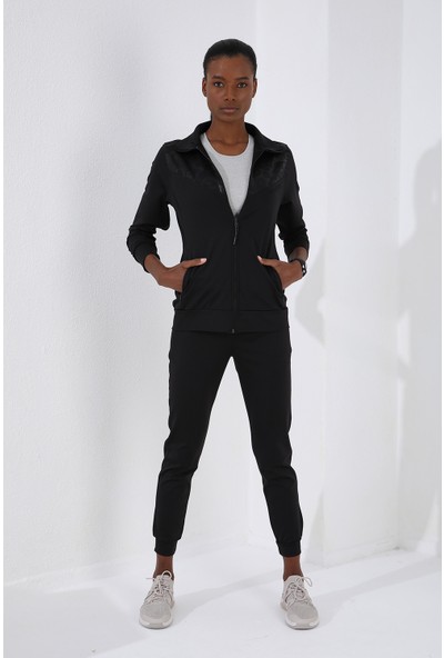 Tommy Life Siyah-Siyah Kadın Dalgıç Kumaş Standart Kalıp Jogger Eşofman Takımı-95273