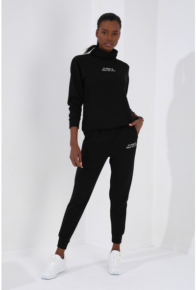 Tommy Life Siyah Kadın Balıkçı Yaka Standart Kalıp Manşetli Selanik Eşofman Takımı-95274 Tommy Life Siyah Kadın Balıkçı Yaka Standart Kalıp Manşetli Selanik Eşofman Takımı-95274