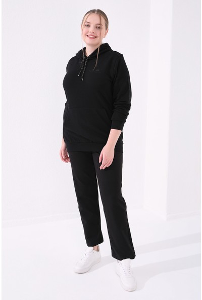 Tommy Life Siyah Kadın Cepli Rahat Form Klasik Paça Büyük Beden Eşofman Alt-94017