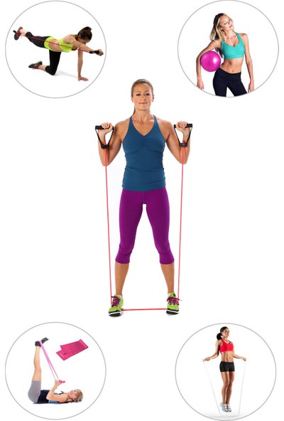 Spor Byfit Yüksek Sert Tutacaklı Direnç Lastiği + Denge Topu + Pilates Bandı + Atlama Ipi - 4'lü Set Spor Byfit Yüksek Sert Tutacaklı Direnç Lastiği + Denge Topu + Pilates Bandı + Atlama Ipi - 4'lü Set