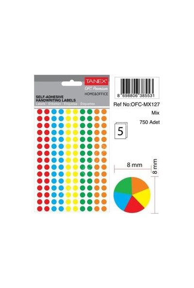 Tanex Nokta Etiket 8mm 5 Renk 750 Etiket