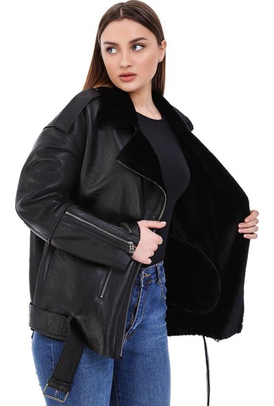 Franko Armondi Kadın Gerçek Deri Spor Biker Kışlık Mont Siyah BK-1573-20213 Fa5
