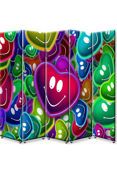 Dekoyes Mutlu Kalpler 5 Kanat Tekerlekli Kanvas Paravan