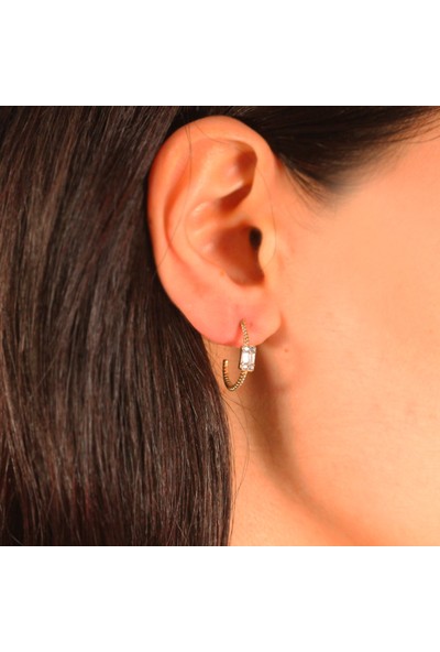 Adil İdil Kuyumculuk Baget Taş Detaylı Halka Küpe