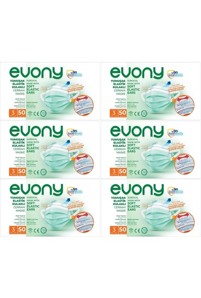 Evony 3 Katlı Filtreli Burun Telli Cerrahi Maske 300 Lü Set Yumuşak Elastik Kulaklı Evony 3 Katlı Filtreli Burun Telli Cerrahi Maske 300 Lü Set Yumuşak Elastik Kulaklı