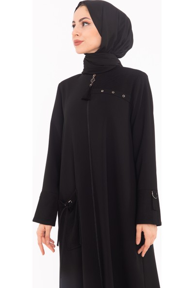 Yaprak Kadın Siyah Ferace,cepli Ferace,desenli Ferace,askılı Ferace,bayan Ferace