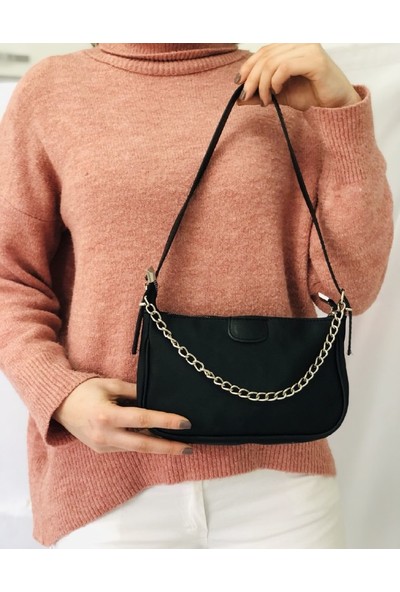 Butik Esila Kadın Siyah Saten Ince Zincirli Baget Baguette Çanta ESL-CNT3401