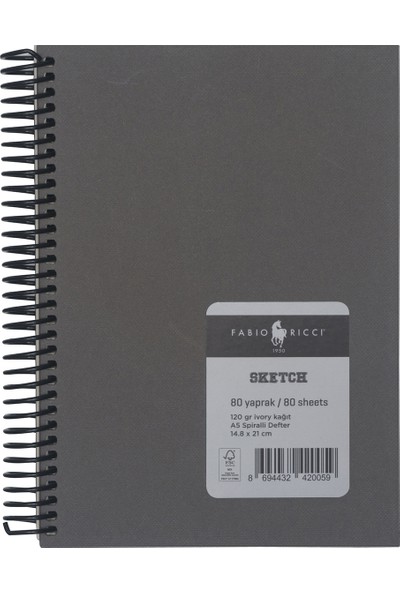 Fabio Ricci Skecth A5 Spiralli Çizim Defteri 14,8 x 21 cm Füme Fabio Ricci Skecth A5 Spiralli Çizim Defteri 14,8 x 21 cm Füme
