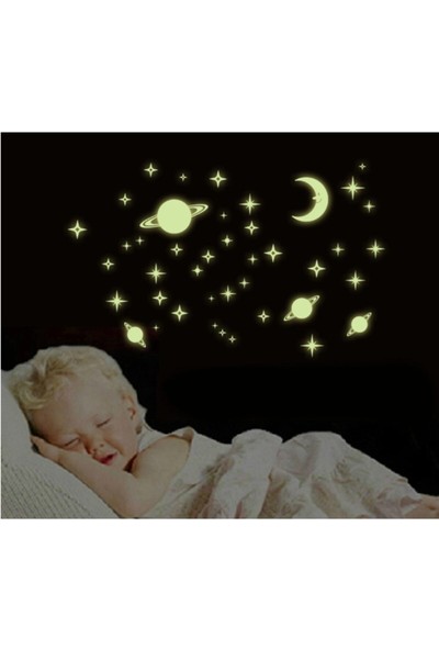 Seninmio Karanlıkta Parlayan Ay Yıldız Galaksi Tasarımlı Fosforlu Duvar Sticker