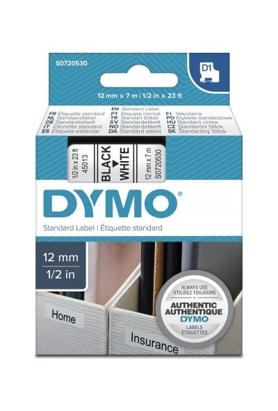 DYMO ŞERİT D1 12MMx7MT BEYAZ/SİYAH 720530 45013