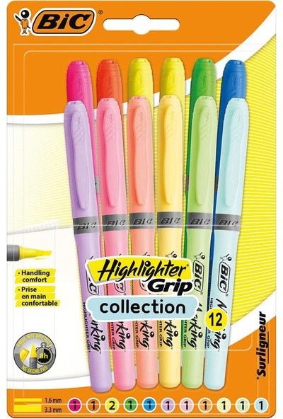 Bic Highlighter Grip 12 Renk Fosforlu Kalem Set Pastel + Canlı Renkler Bic Highlighter Grip 12 Renk Fosforlu Kalem Set Pastel + Canlı Renkler