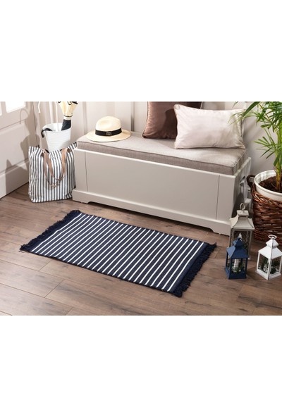 Madame Coco Ruban Saçaklı Dokuma Kilim - Lacivert / Beyaz - 60x100 cm