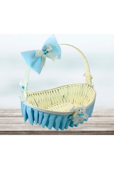 Süsle Bebek ve Parti Saplı Oval Kumaş Süslü Sepet, 36 cm, Orta Boy Mavi Süsle Bebek ve Parti Saplı Oval Kumaş Süslü Sepet, 36 cm, Orta Boy Mavi