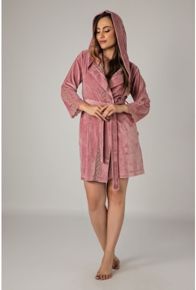 Nuşa Pudra Bayan Lüx Dantelli Bambo Pamuklu Sabahlık Nuşa Pudra Bayan Lüx Dantelli Bambo Pamuklu Sabahlık