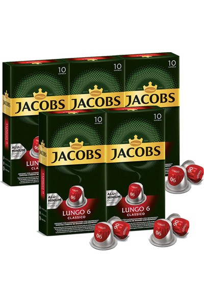 Jacobs Lungo 6 Classico Kapsül Kahve 10 x 5 Paket (50 Adet) Nespresso Uyumlu Jacobs Lungo 6 Classico Kapsül Kahve 10 x 5 Paket (50 Adet) Nespresso Uyumlu