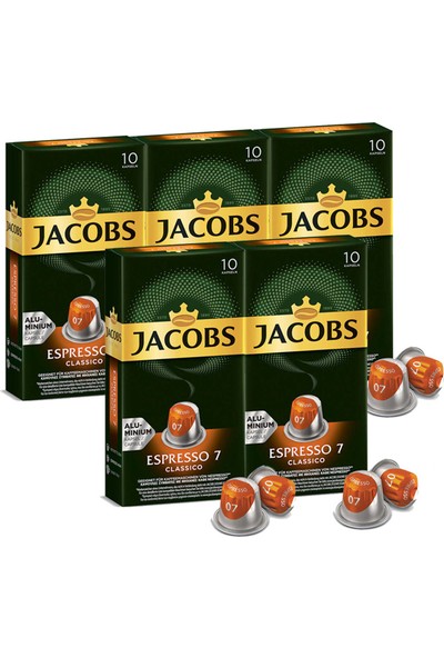 Jacobs Espresso 7 Classico Kapsül Kahve 10 x 5 Paket (50 Adet) Nespresso Uyumlu Jacobs Espresso 7 Classico Kapsül Kahve 10 x 5 Paket (50 Adet) Nespresso Uyumlu