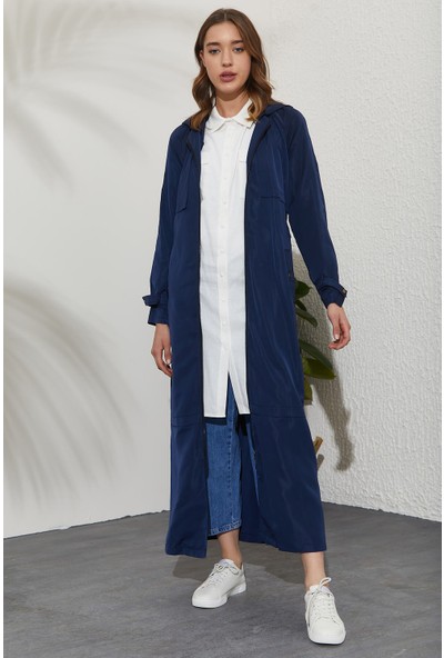 Nihan Önden Fermuarlı Kol Apoletli Kapşonlu Pardesü Lacivert - D1132