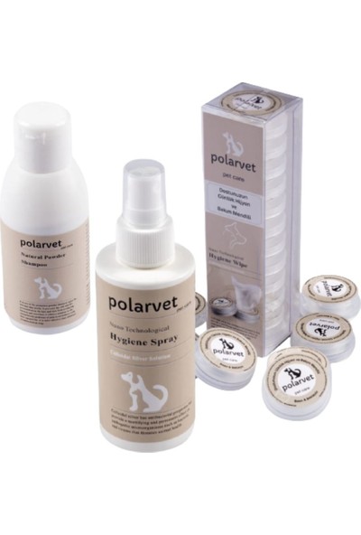 Polarvet Kedi Köpek Banyo ve Temizleme Seti Toz Şampuan + Hijyen Sprey + Mendil Polarvet Kedi Köpek Banyo ve Temizleme Seti Toz Şampuan + Hijyen Sprey + Mendil