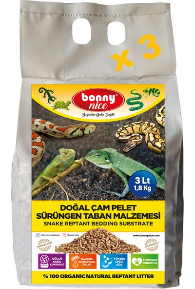 Bonny Nice Doğal Çam Pellet Sürüngen Taban Malzemesi 1.8 kg 3 L x 3 Paket Bonny Nice Doğal Çam Pellet Sürüngen Taban Malzemesi 1.8 kg 3 L x 3 Paket