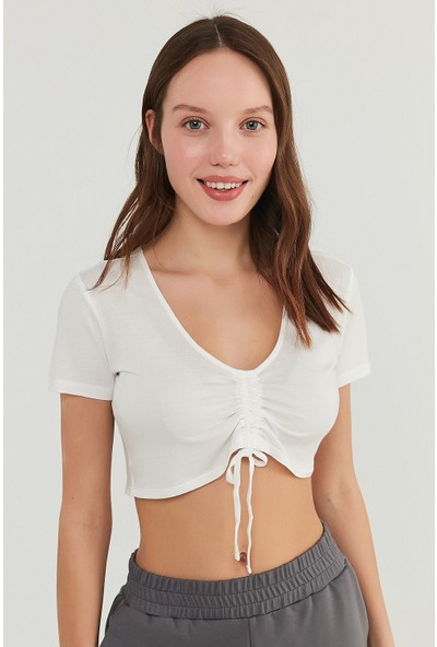 Penti Beyaz Pft V Neck Crop Tişört