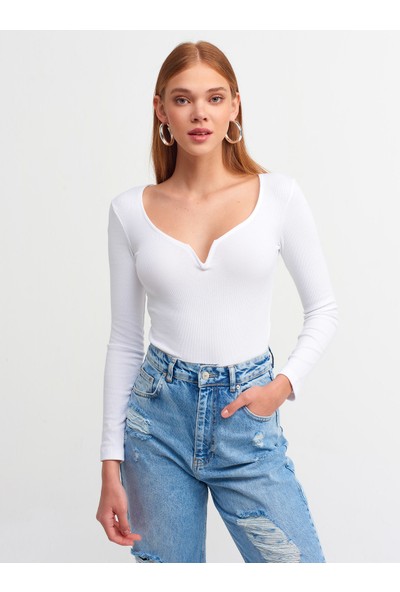 Dilvin 3705 Uzun Kollu Bodysuıt-Beyaz Dilvin 3705 Uzun Kollu Bodysuıt-Beyaz