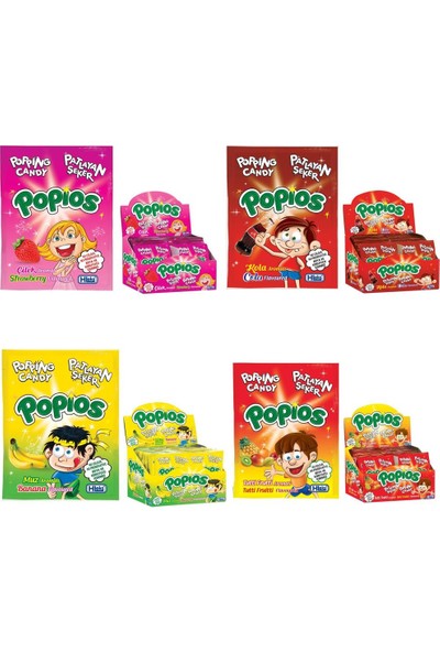 Hleks Patlayan Şeker Popios 4'lü Set Çilek - Kola - Muz - Tutti Frutti Hleks Patlayan Şeker Popios 4'lü Set Çilek - Kola - Muz - Tutti Frutti