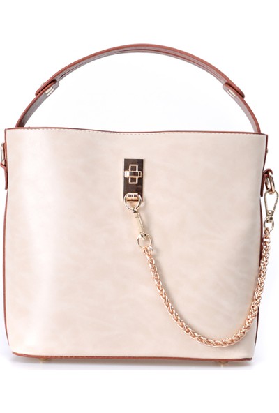 Agatha Bej Zincir Detaylı Kare El ve Omuz Çantası