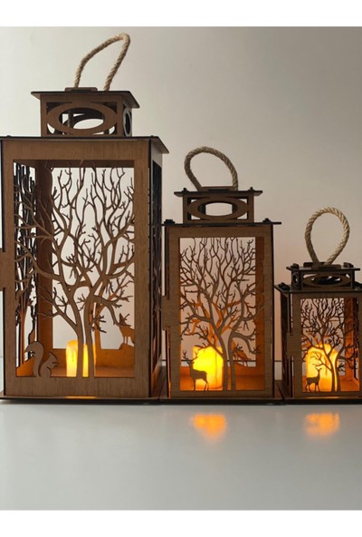 Ref Fikir Atölyesi Fikir Atölyesi Ağaç Desenli Fener Mumluk Şamdan Dekoratif Mumluk Seti