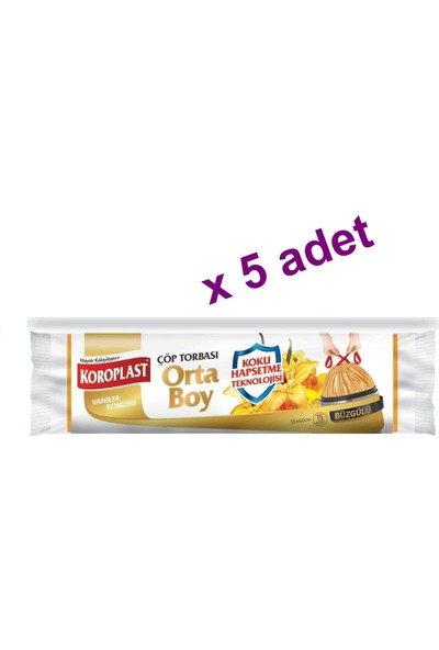 Koroplast Vanilya Kokulu Büzgülü Orta Boy 55 x 60 Çöp Torbası 15'li x 5 'li