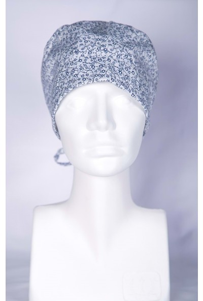 Meriche Mavi Çiçek Desenli Cerrahi Saç Bonesi Bandana