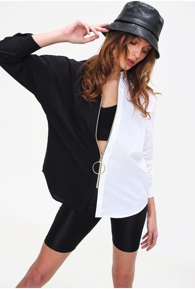 Pinkpark Kadın Siyah Beyaz Fermuarlı Renk Bloklu Dokuma Gömlek SMD-XHD5540
