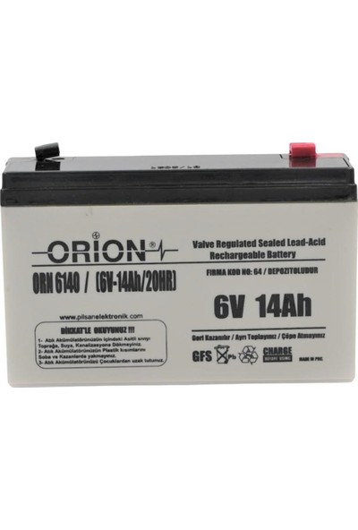 Orion ORN6140 6V 14AH Bakımsız Kuru Akü