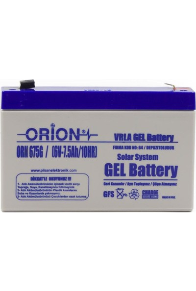 Orion ORN675G 6V 7.5AH Bakımsız Jel Akü