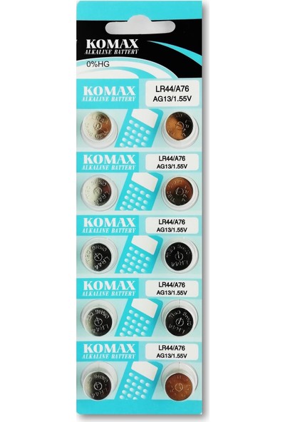 Komax Alkalin Pil - AG13 / LR44 Düğme Pil 1,55V - 10'lu Paket Komax Alkalin Pil - AG13 / LR44 Düğme Pil 1,55V - 10'lu Paket