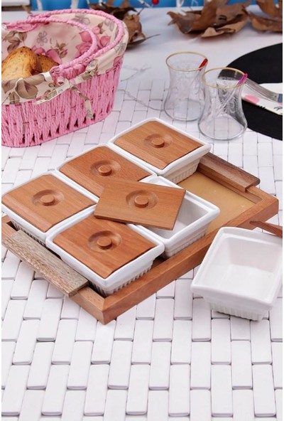 Pazarika Ahsap Kapaklı Tepsili 6 Lı Seramik Kahvaltılık