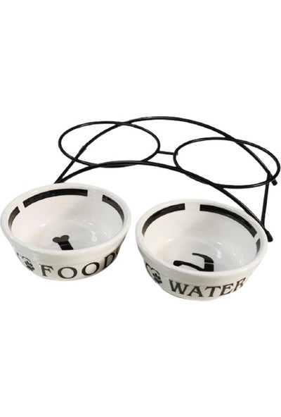 Gold Seramik Gold Ikili Seramik Metal Ayaklı Mama ve Su Kabı Beyaz 2x0.3 Lt 12 cm