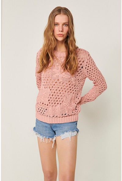 Join Us Ajurlu El Işlemeli Triko Kazak-Pembe