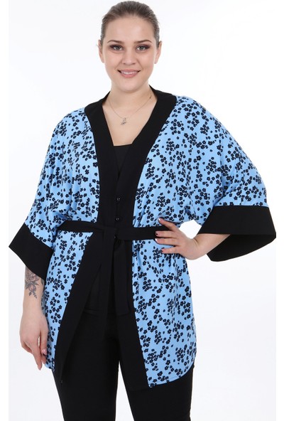 Disentis Modest Önden Bağlamalı ve Düğmeli Kolları Geniş Küçük Çiçekli Mavi Kimono