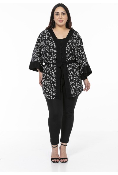 Disentis Modest Önden Bağlamalı ve Düğmeli Kolları Geniş Küçük Çiçekli Siyah Beyaz Kimono