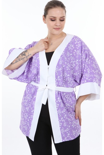 Disentis Modest Önden Bağlamalı ve Düğmeli Kolları Geniş Küçük Çiçekli Lila Rengi Kimono