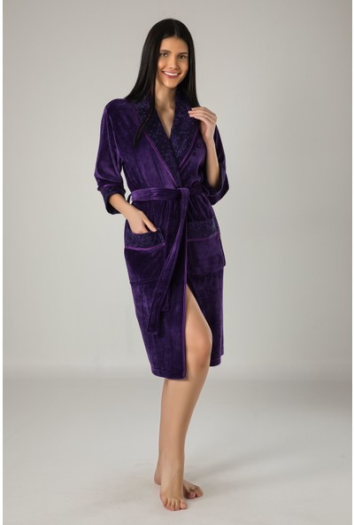 Nuşa Yaka Manşet Çep Brode Dantel Bambu Cotton Bayan Sabahlık