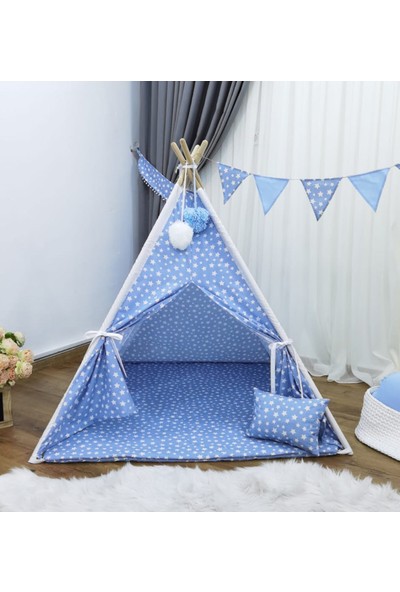 Mordesign Yıldızlı Ponpon Ahşap Oyun Çadırı Mavi MD213